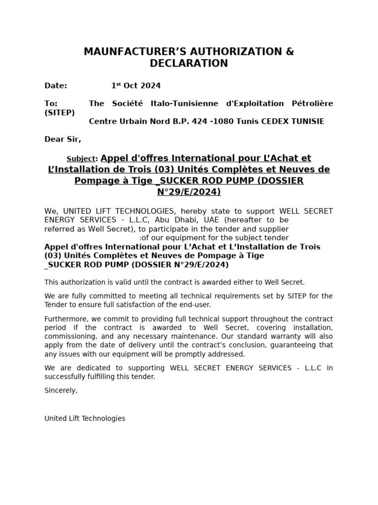 Maunfacturers Authorization Declaration (Dossier 29-E-2024) | PDF