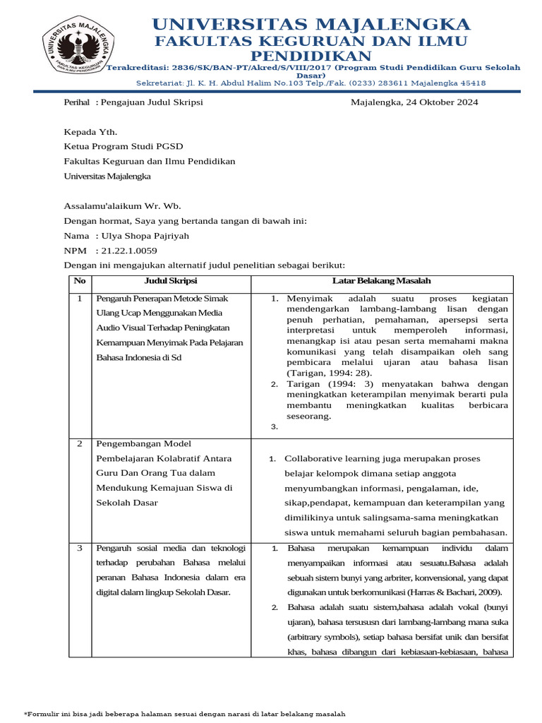 Format Pengajuan Judul Skripsi | PDF