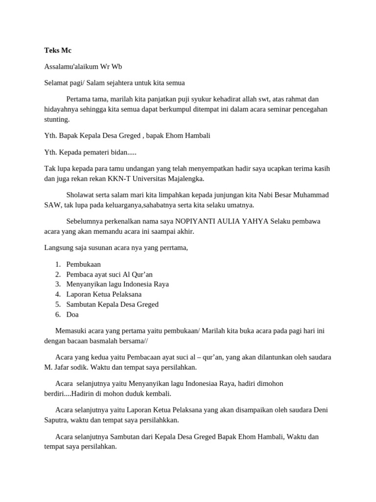 Teks MC Seminar Stunting | PDF