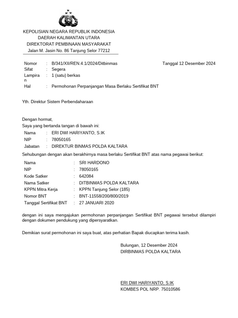 Surat Usulan Perpanjangan BNT - KPPN TJS | PDF