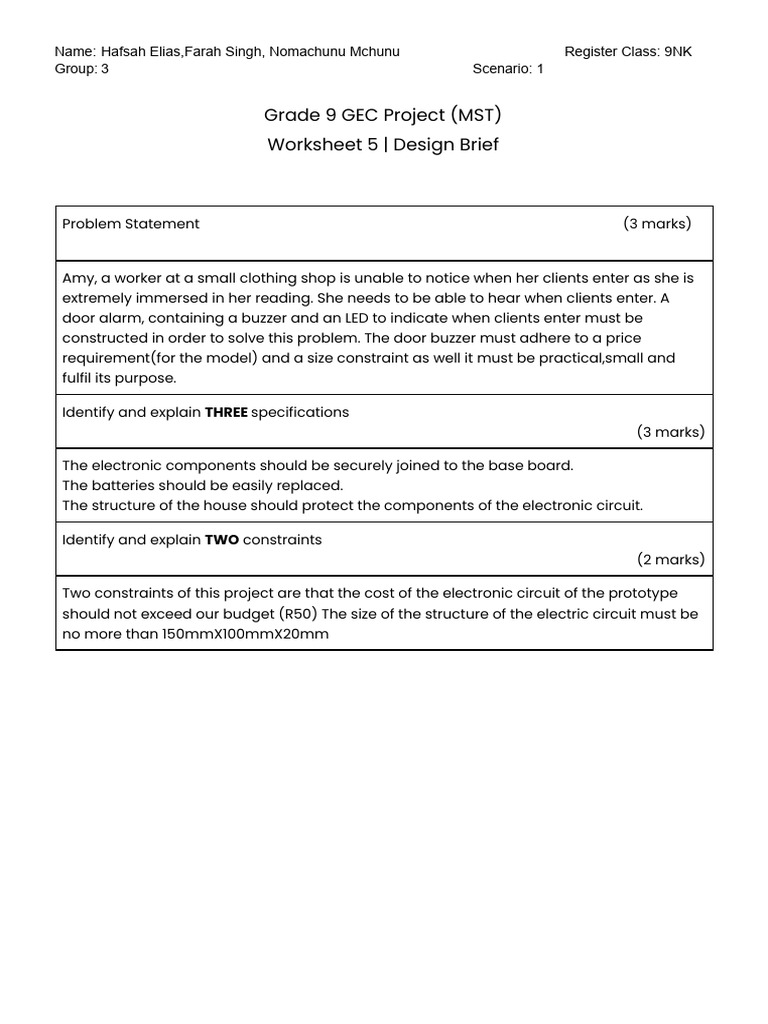Grade 9 Door Alarm Design Brief | PDF