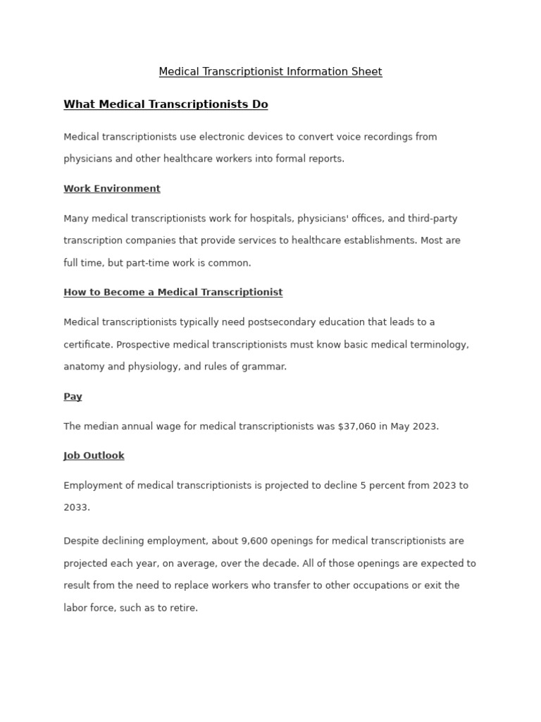 Medical Transcriptionist Information Sheet | PDF