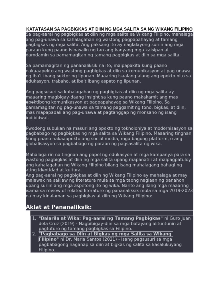 Katatasan Sa Pagbigkas at Diin NG Mga Salita Sa NG Wikang Filipino | PDF