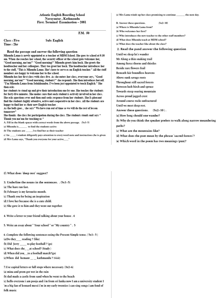 Class 5 English Exam Paper 2081 | PDF