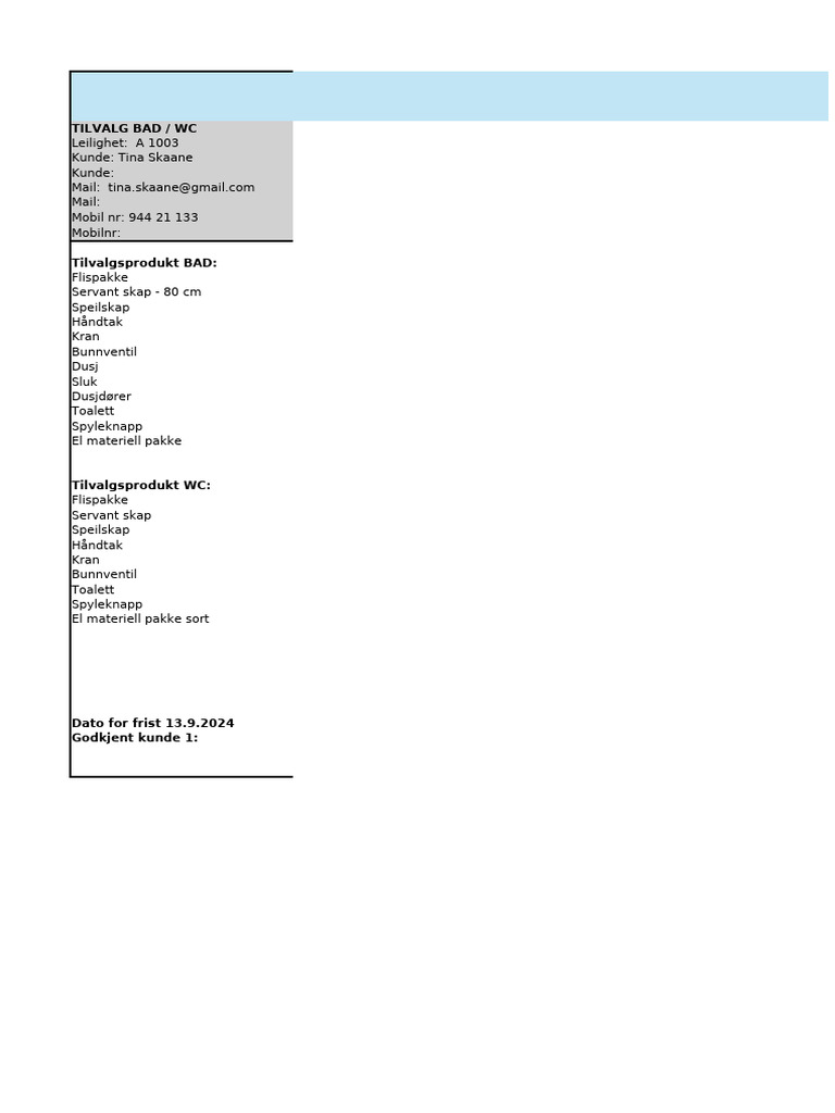 A-1003 - Manuell Bestillingsliste BAD - Sendes Kunde | PDF