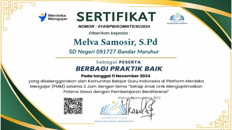 2 JP SERTIFIKAT Melva Samosir, S.PD SETIAP ANAK UNIK DENGAN PEMBELAJARAN BERDIFERENSIASI | PDF