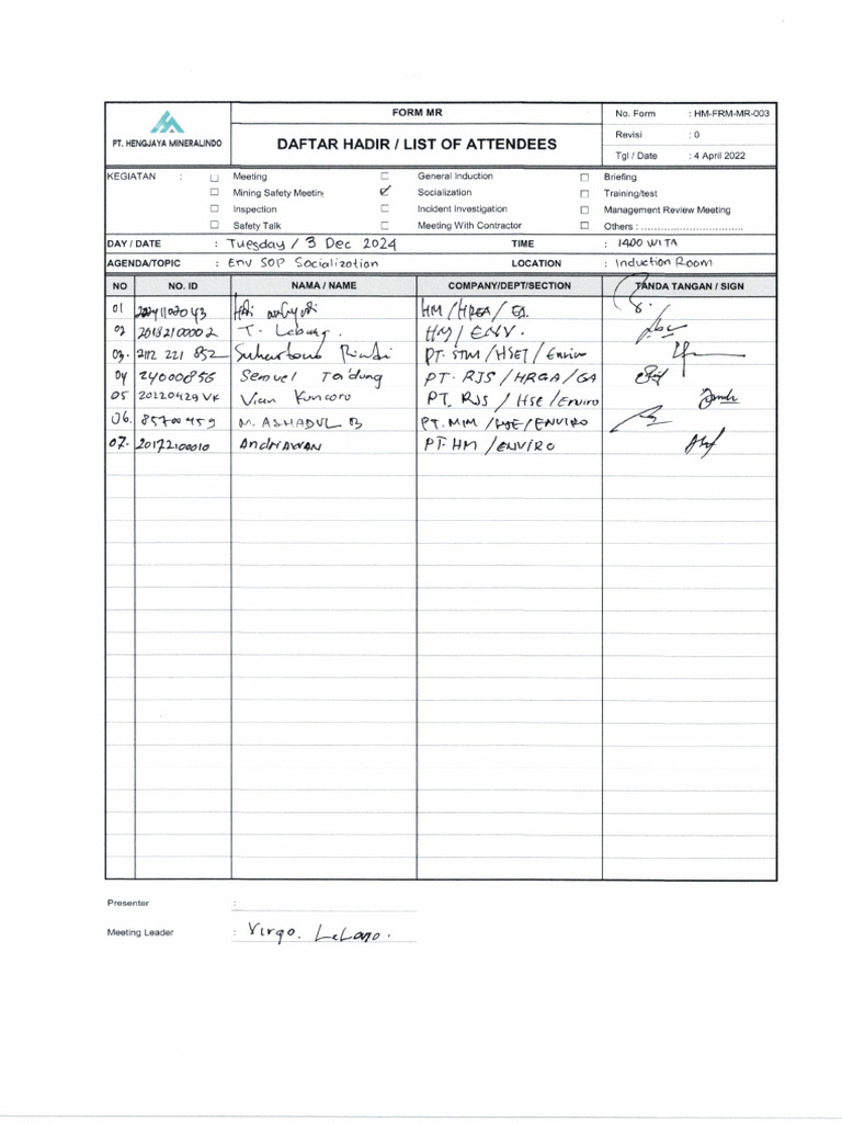 List Attendance - Env SOP Socialization | PDF