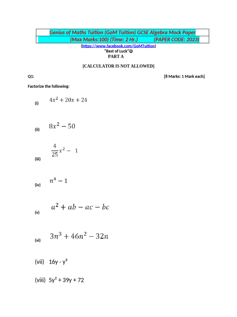 Genius of Maths Tuition Algebra Mock Paper GoM GCSE2023 | PDF