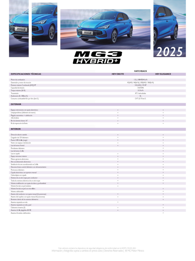 Ficha Tecnica MG3 Hibrido | PDF | Airbag | Vehículos