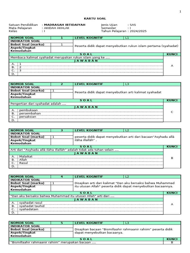 3. KARTU SOAL SAS AA AA GANJIL KELAS 1 2024-2025 | PDF