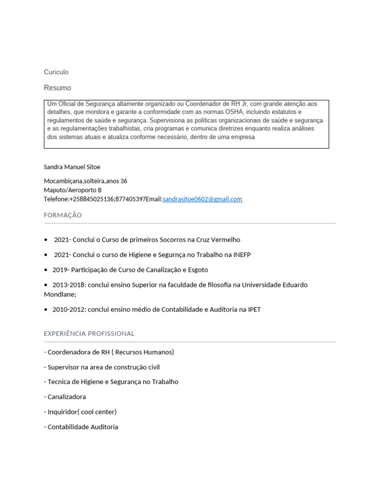 Sandra Manuel Sitoe CV2-1 | PDF | Gestão de recursos humanos