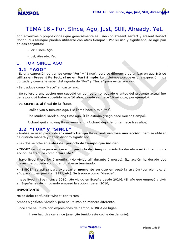 Uso de For, Since, Ago, Just, Still, Already, Yet | PDF | Verbo | Sintaxis