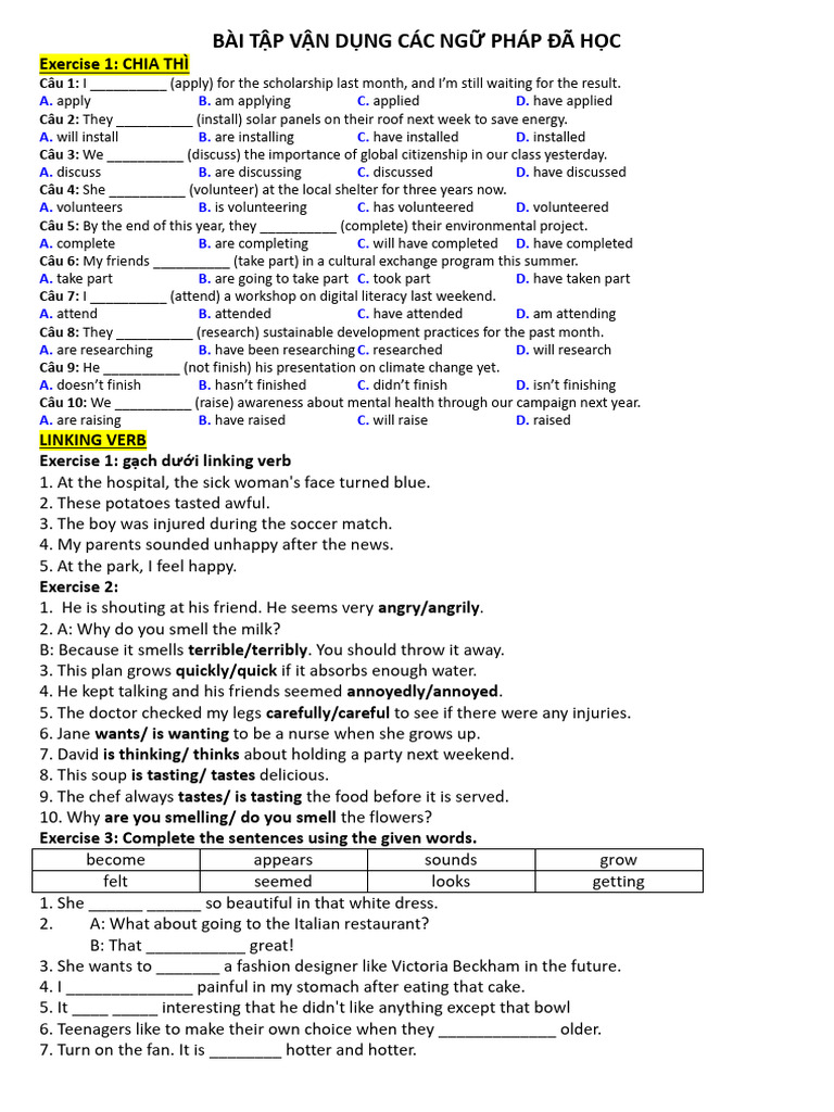 2k8 - Ã N HK1 - TENSE - ARTICLE - LINKING VERB - STATIVE VERB - To V Ving | PDF