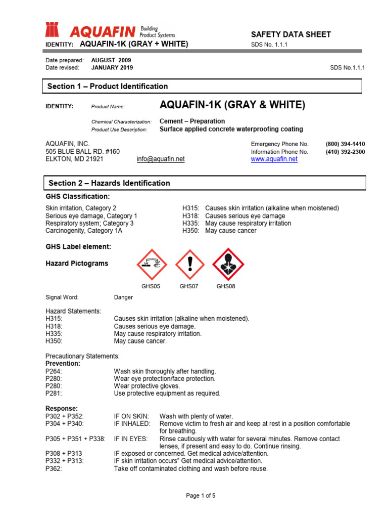 Sds Aquafin-1k 012219 | PDF | Silicon Dioxide | Personal Protective ...