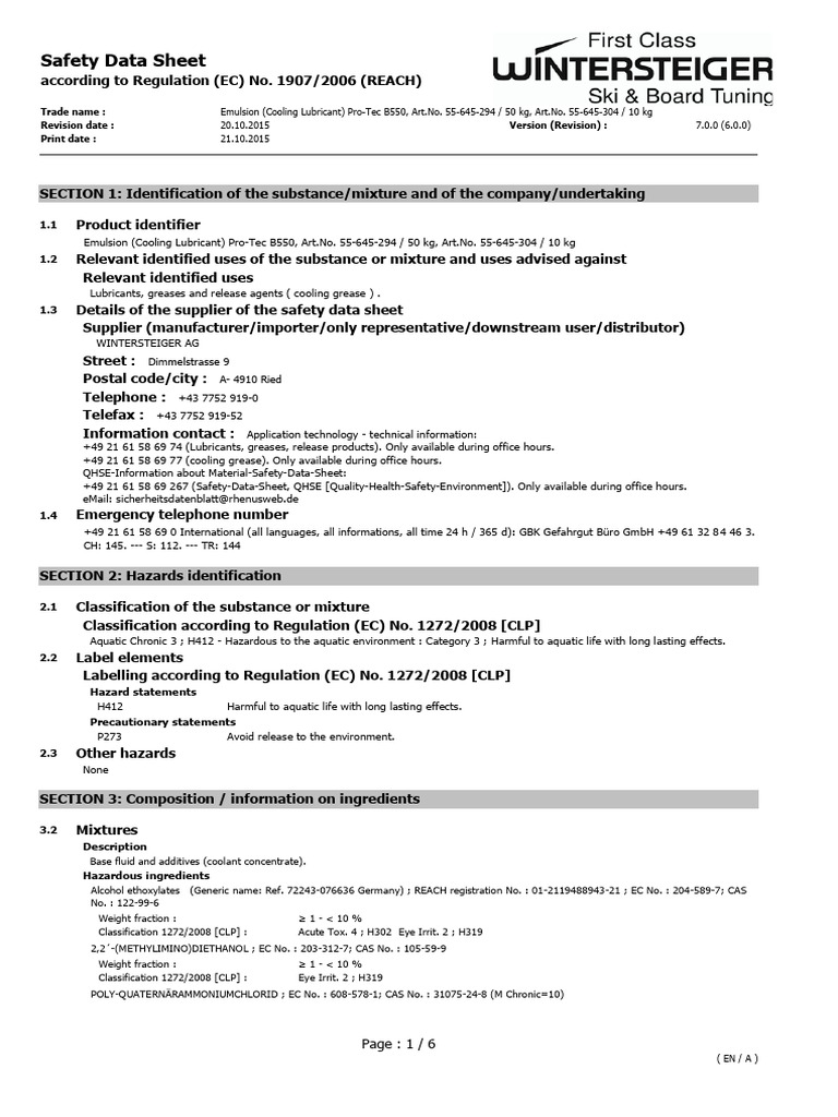 Pro-Tec B550 Cooling Lubricant SDS | PDF | Dangerous Goods | Chemistry