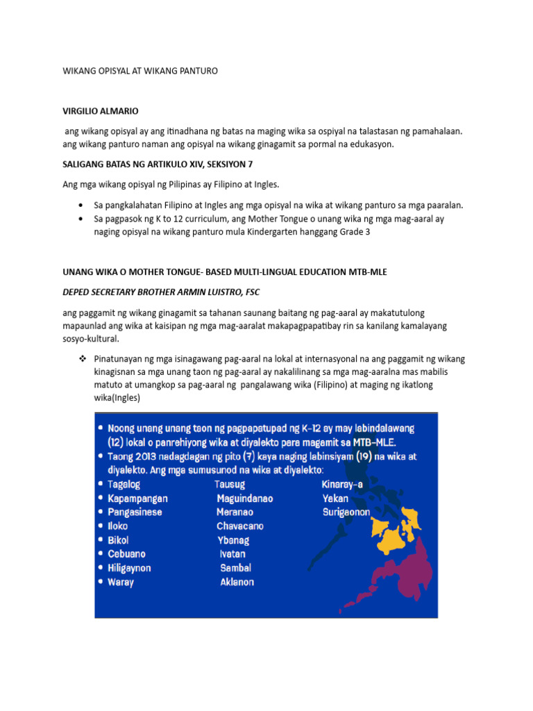 WIKANG OPISYAL AT WIKANG PANTURO Reviewer | PDF