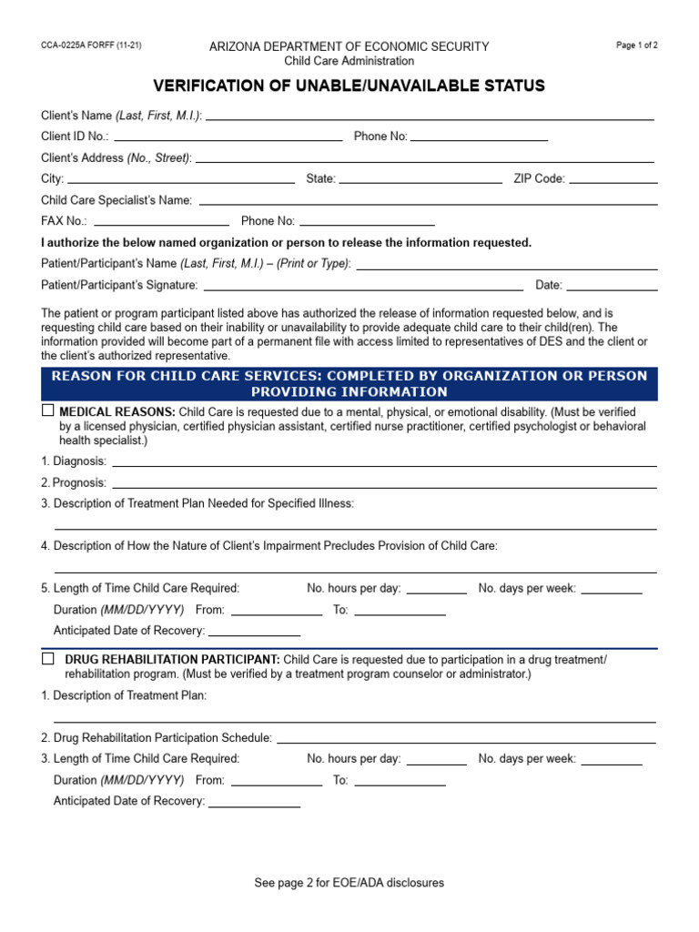 Arizona Child Care Verification Form | PDF | Physician | Drug ...