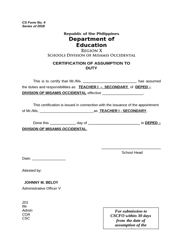 Teacher I Assumption to Duty Certification | PDF