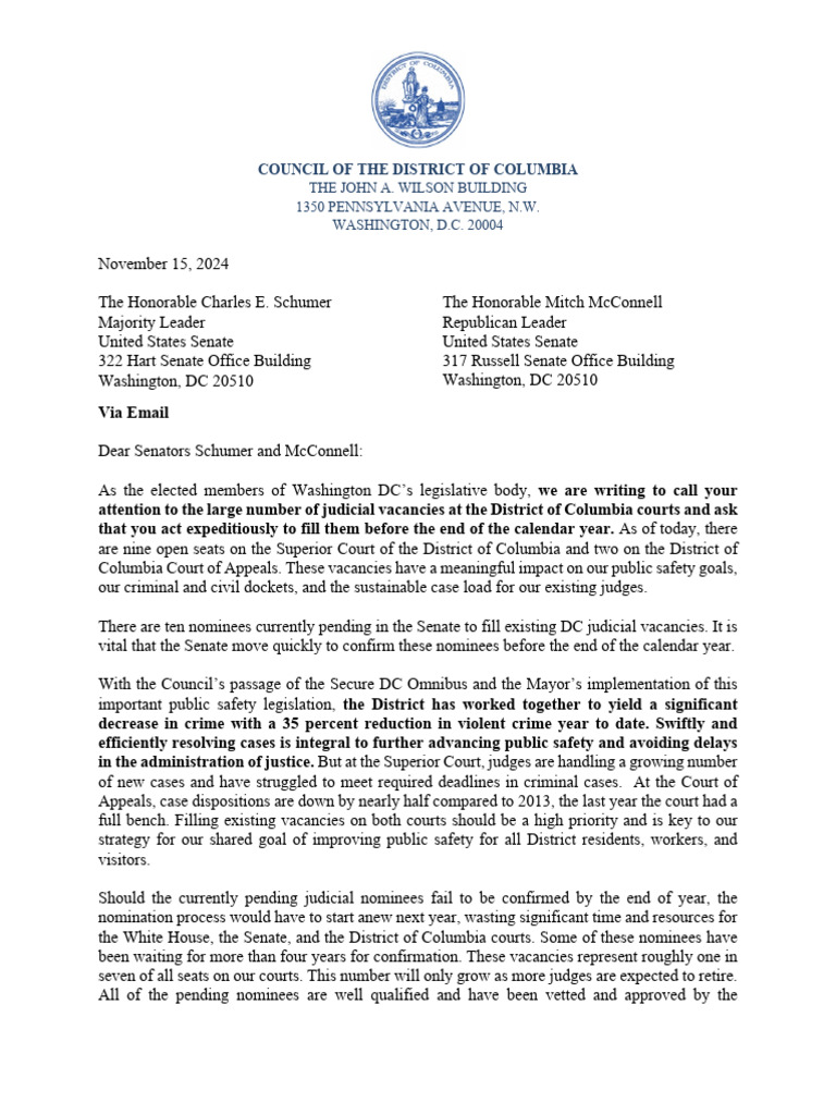 DC Council Letter On Judicial Nominees | PDF | United States Senate ...