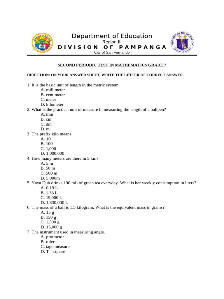 Grade 7 Math Second Periodic Test | PDF | Litre | Quantity