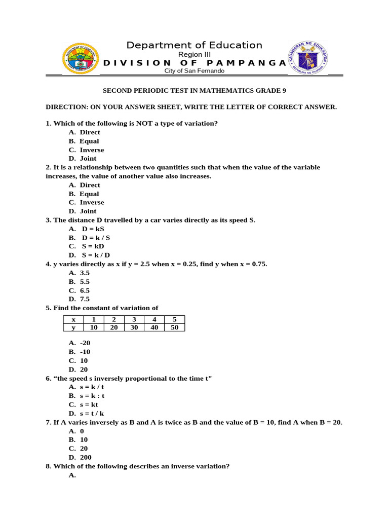 Grade 9 Mathematics Test on Variations | PDF | Electrical Resistance ...