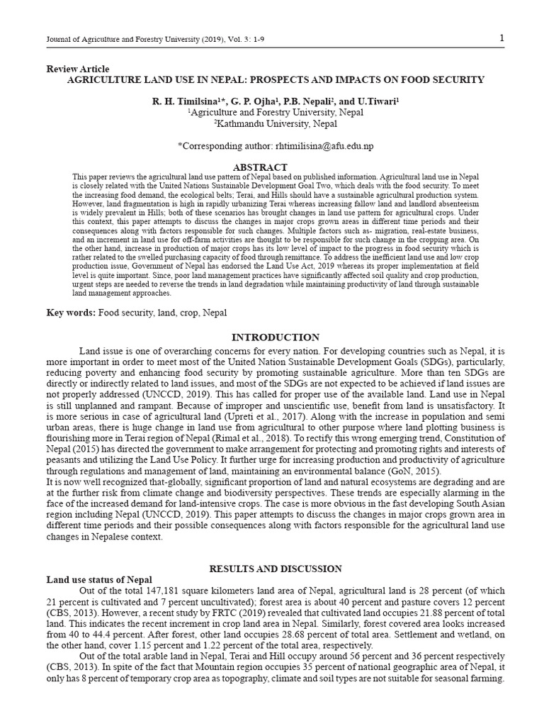 Review Article Agriculture Land Use in Nepal: Prospects and Impacts On Food Security R. H ...