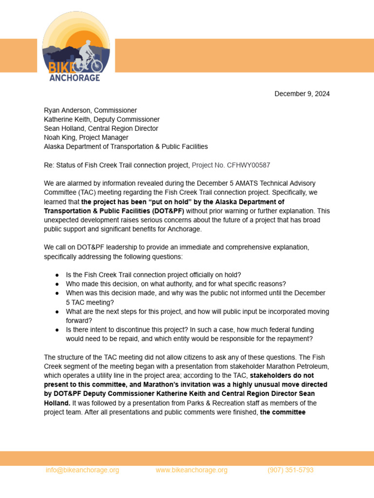 Bike Anchorage Letter Fish Creek | PDF