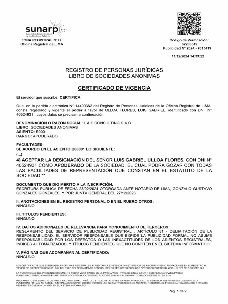 Vigencia de Poder - Luis Ulloa Diciembre 2024 | PDF