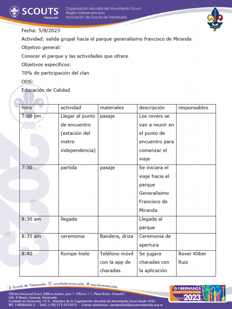 Salida al Parque Miranda: Actividades y Objetivos | PDF