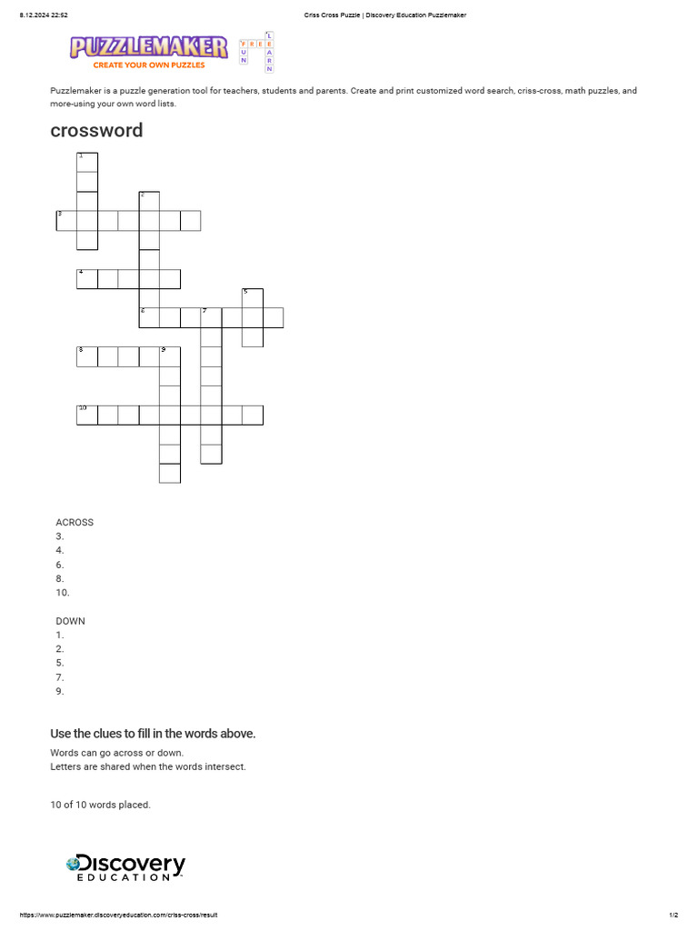 Criss Cross Puzzle - Discovery Education Puzzlemaker | PDF
