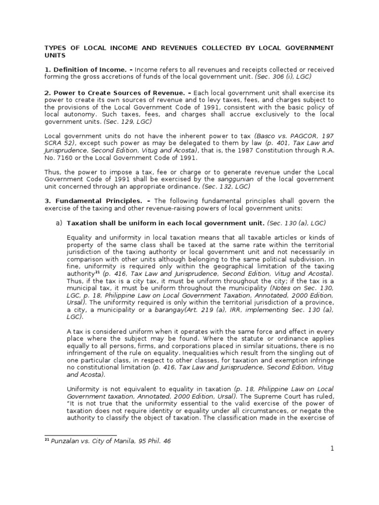Types of Local Income and Revenues Collected by Local Government Units ...