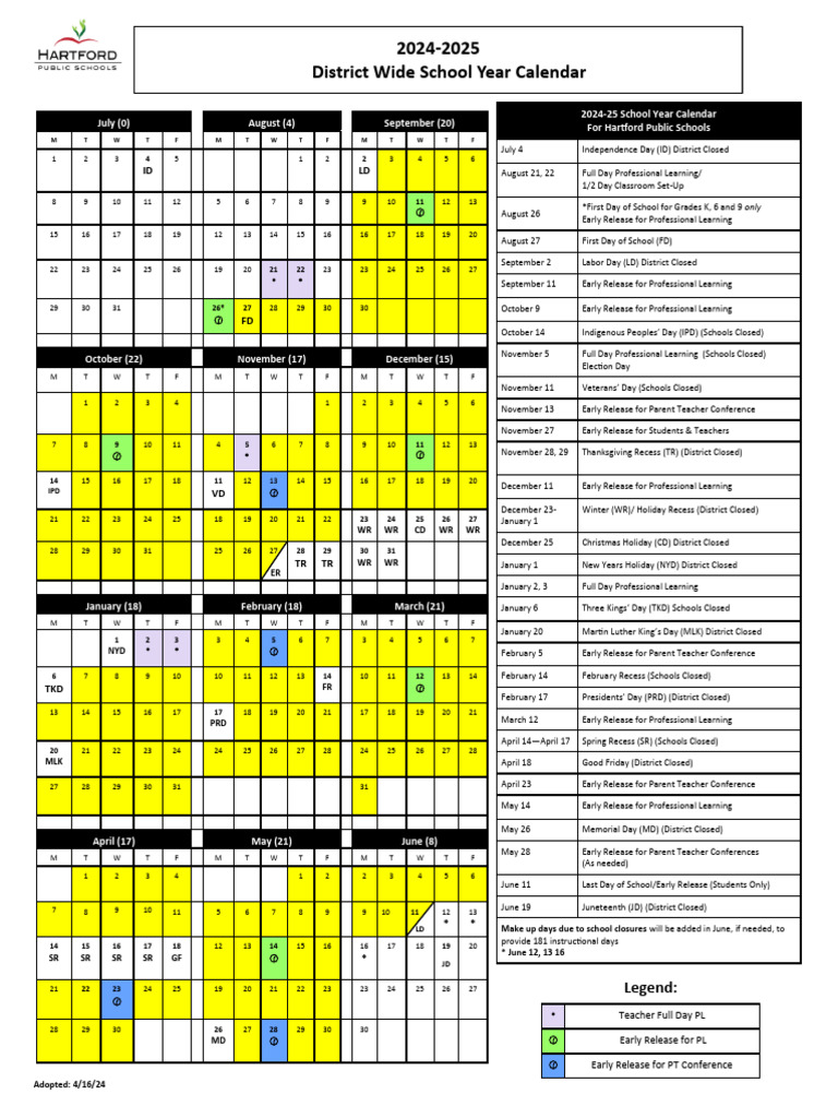 2024-2025 HPS District Wide School Year Calendar Adopted 04162024 Rev ...