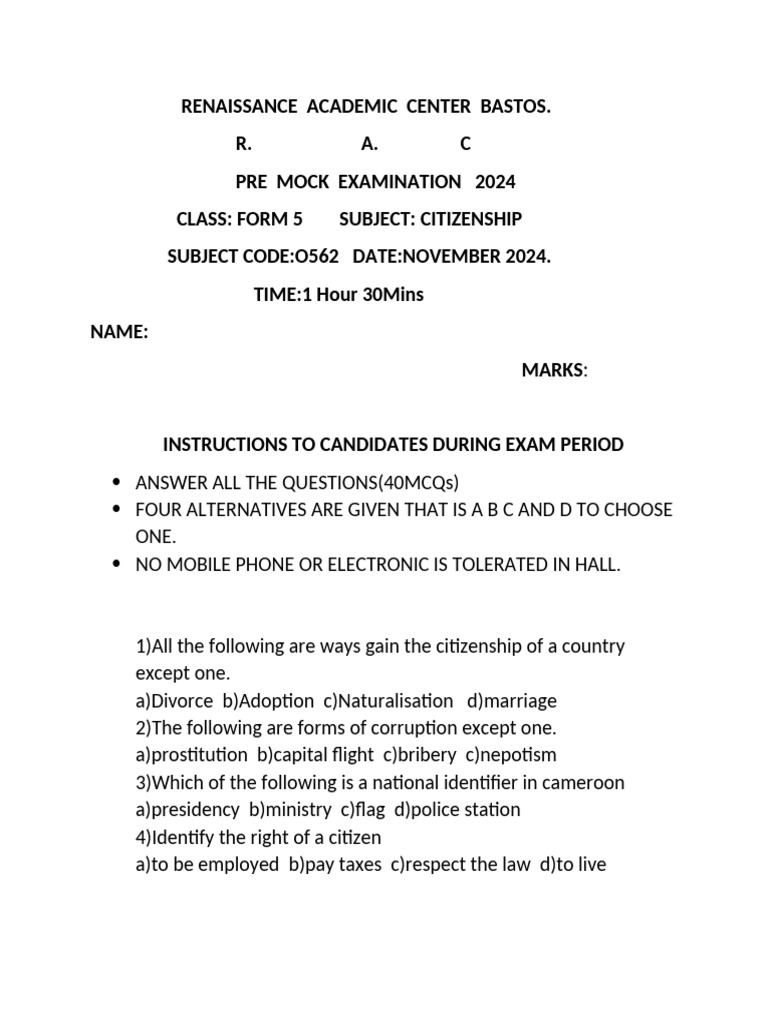 R. A. C. Citizenship Pre Mock 2024 | PDF | Cameroon | Justice