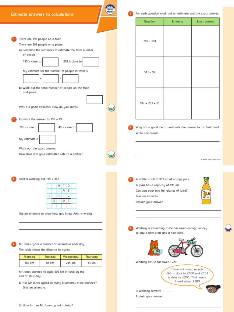 Y3 Autumn Block 2 Wo17 Estimate Answers To Calculations 2019 | PDF