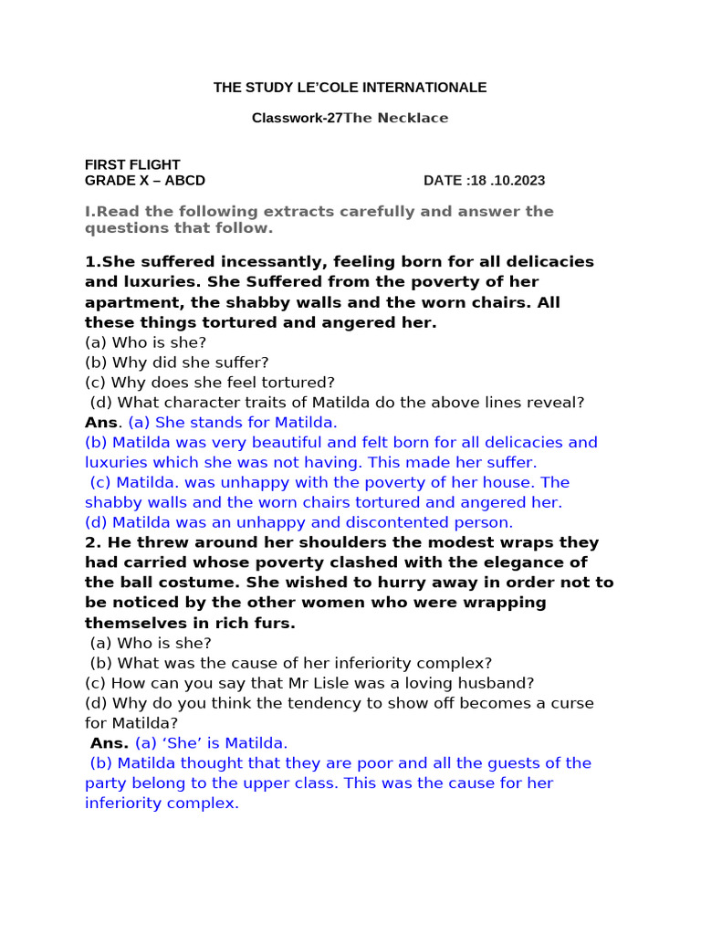 Analysis of Matilda's Character in "The Necklace" | PDF