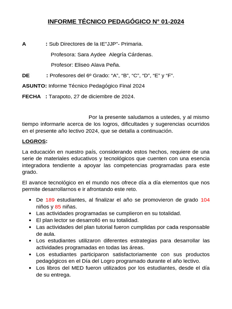 Informe Técnico Pedagógico 2024 | PDF | Maestros | Aprendizaje
