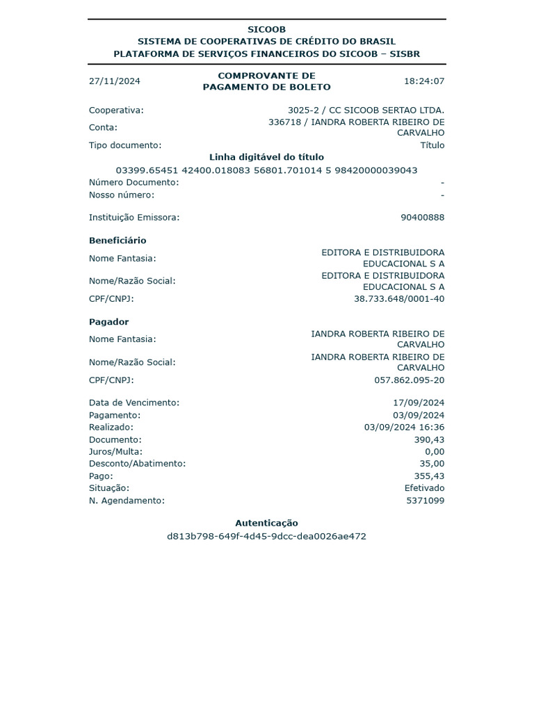Sicoob Comprovante Anhanguera Iandra C (01!09!2024 18-24-19) | PDF ... Sicoob Comprovante Anhanguera Iandra C (01!09!2024 18-24-19) | PDF ...