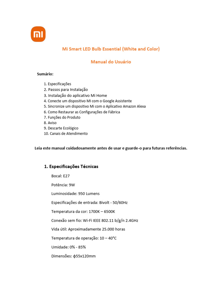 Mi Smart Bulb Essential - Manual | PDF | Wi-Fi | Aplicativo para celular