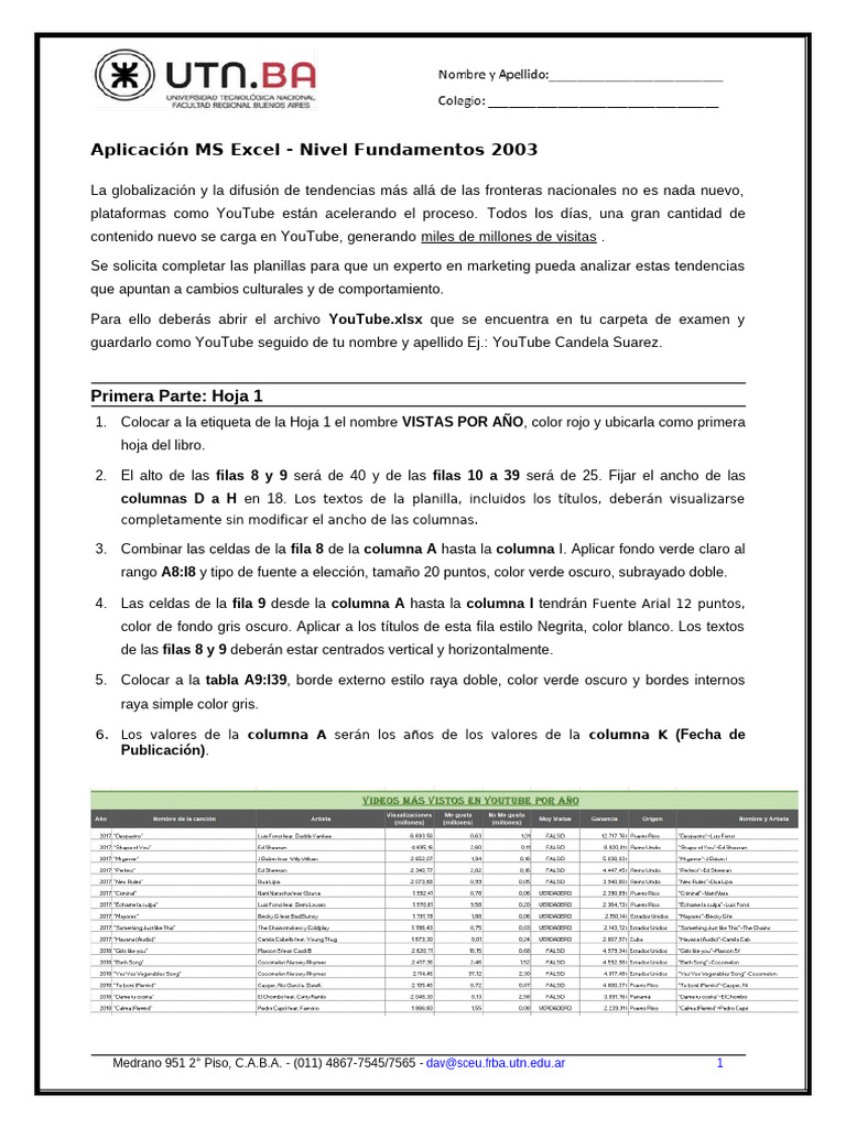 Consigna Excel Fundamentos 2003_Diciembre | PDF | Youtube