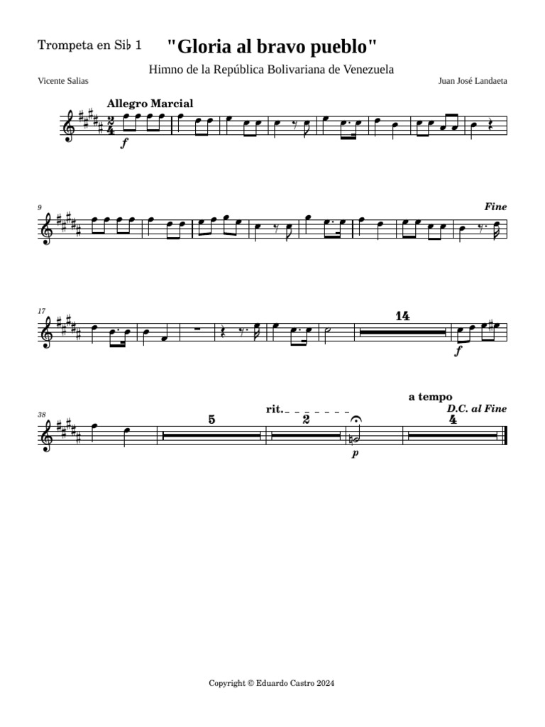 Gloria Al Bravo Pueblo-Trompeta en Sib 1 | PDF