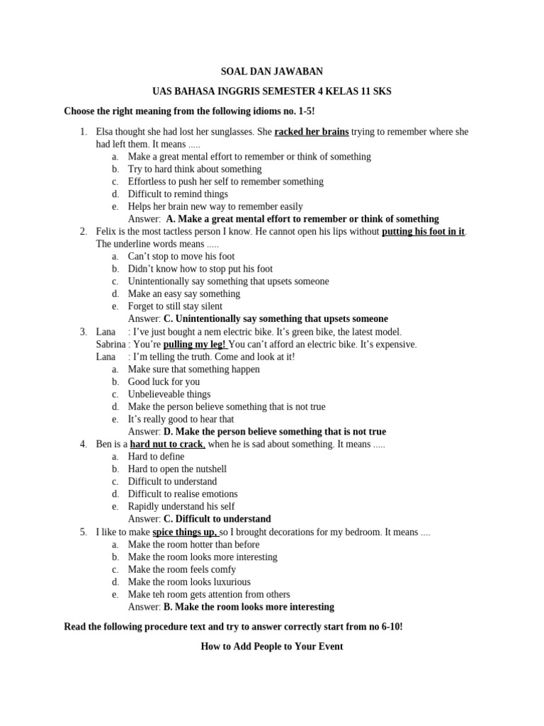 Soal Uas Bahasa Inggris Semester 4 Kelas 11 Sks | PDF | Learning | Second Language