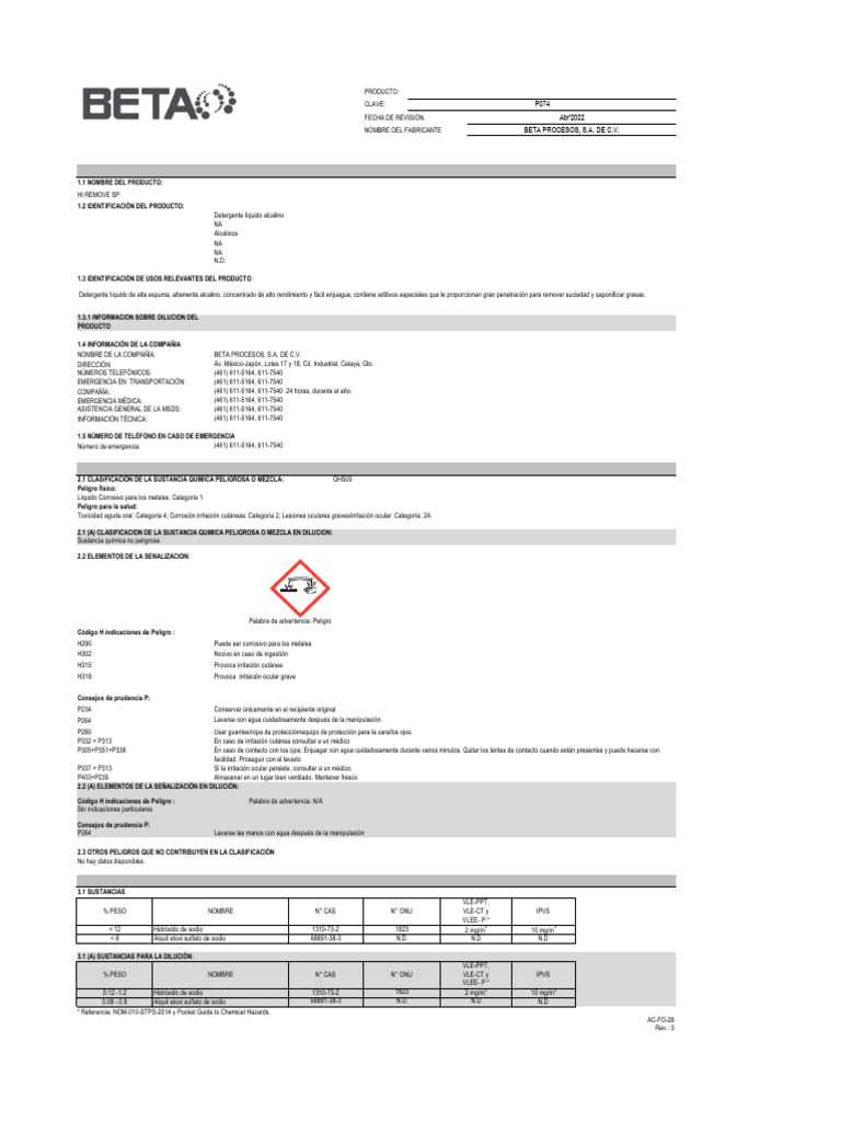 HDS Hi Remove SP | PDF | Detergente | Corrosión