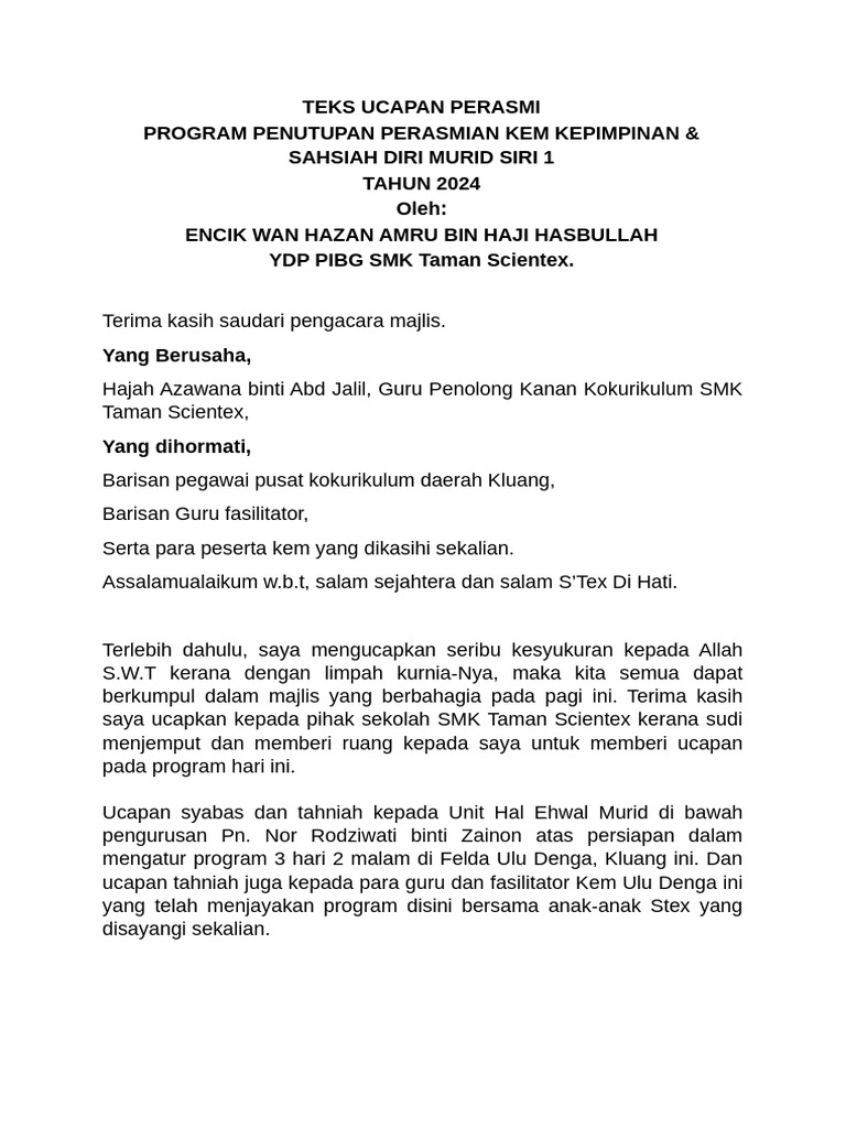 Teks Ucapan Perasmi Kem Sahsiah Diri 2024 | PDF