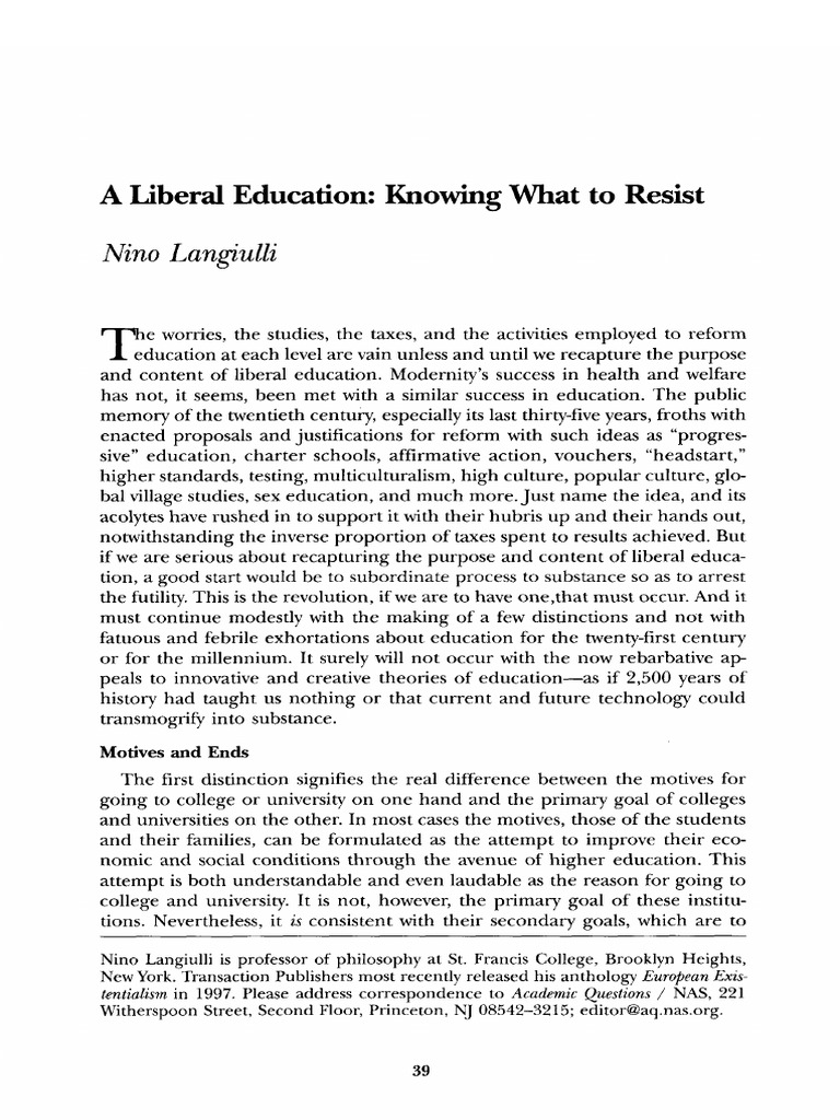 Langiulli On Liberal Education | PDF | Liberal Arts Education