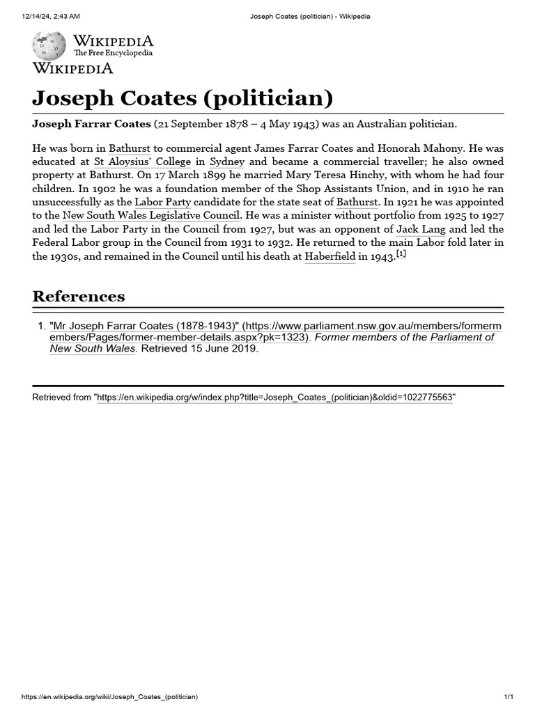 Joseph Coates (Politician) : References | PDF