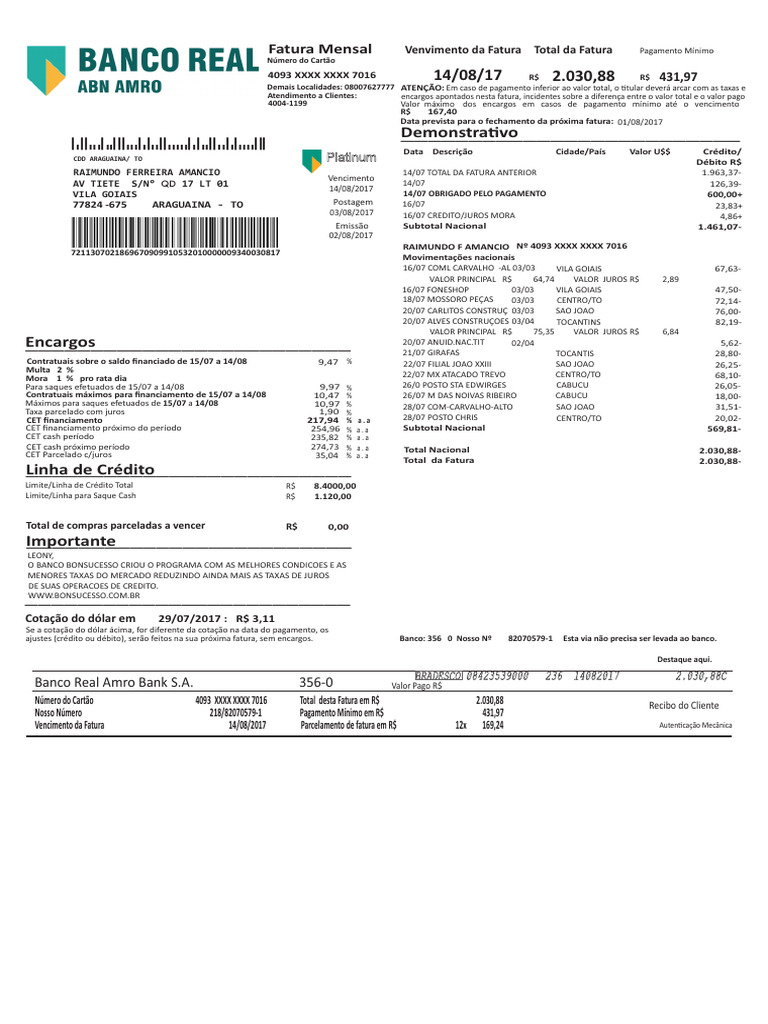 Fatura Banco Real Corrigida | PDF | Business | Bancos