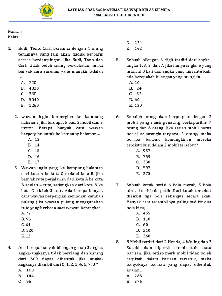 Latihan Soal Sas Matematika Wajib Kelas Xii Mip1 | PDF