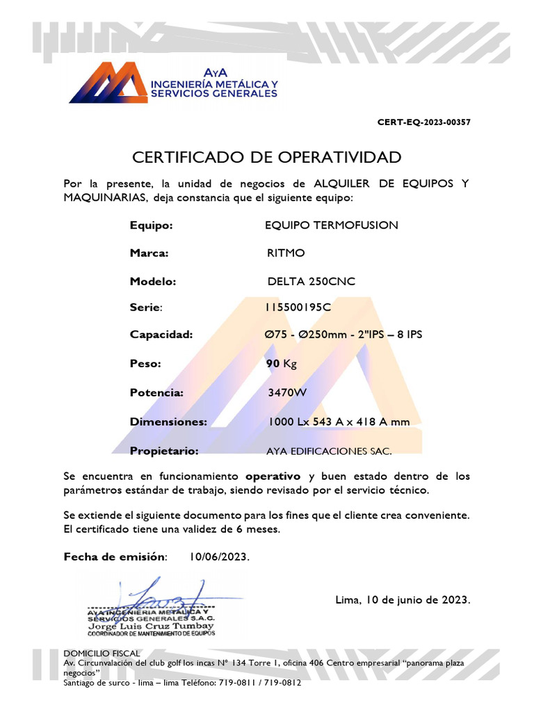 Anexo 15 - Cert. de Operatividad Equipo Termofusion Ritmo (1) | PDF