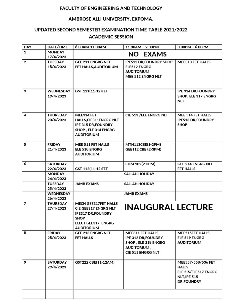 SECOND SEMESTER EXAM TIME TABLE 2022 2023 MOST RECENT-1 | PDF | Tablet Computer | Mobile Computers