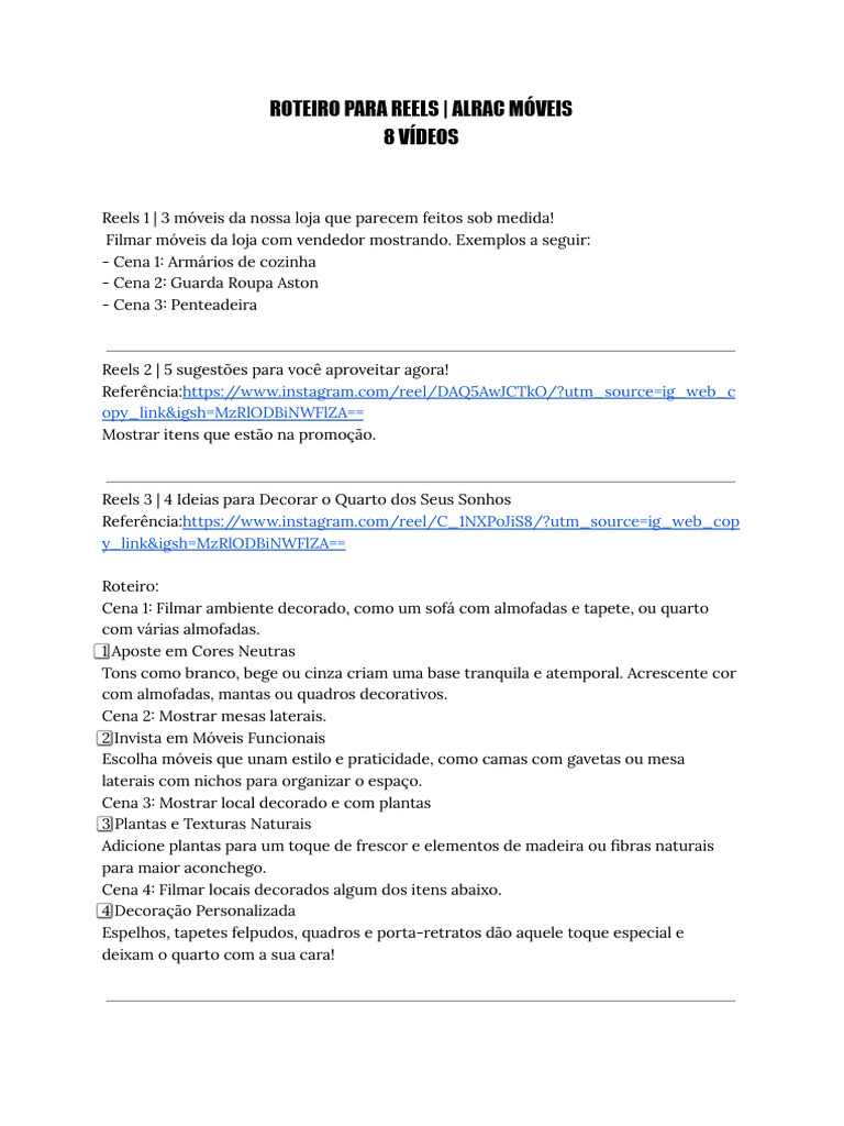 Roteiro para Reels - Alrac Móveis | PDF